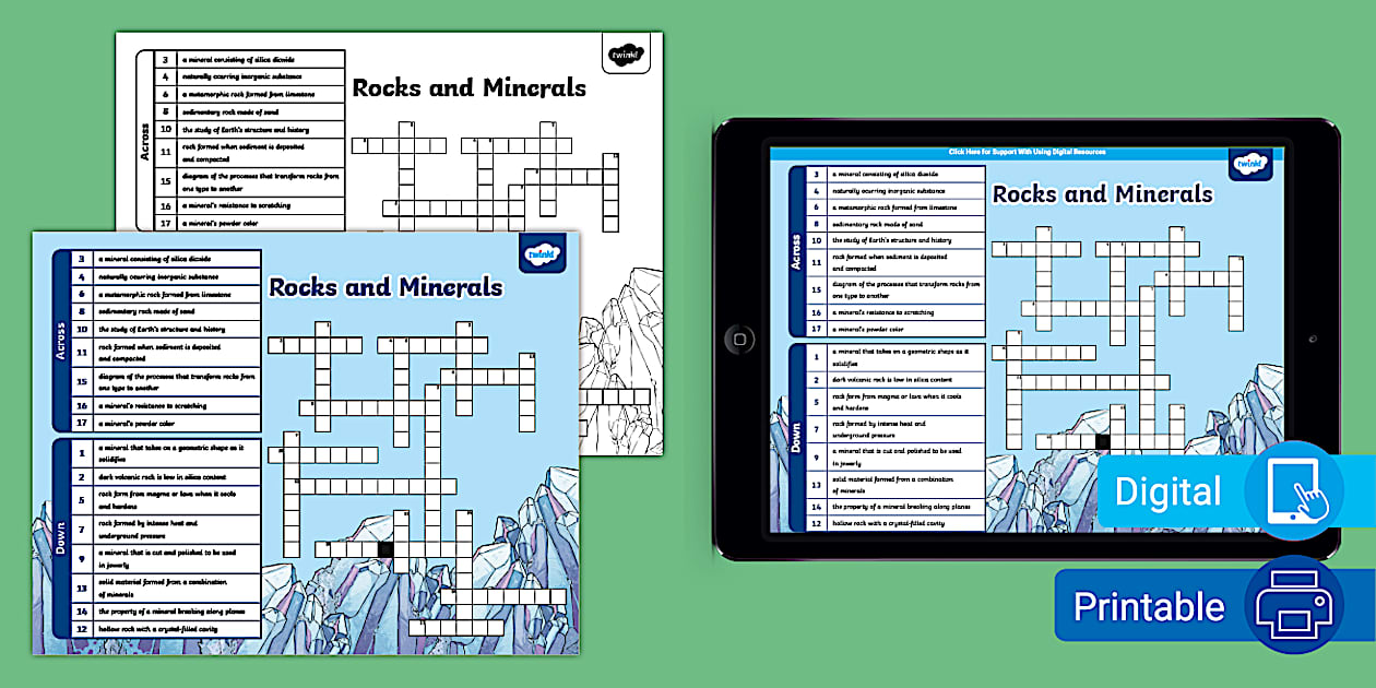 Rocks and Minerals Crossword for 6th-8th Grade - Twinkl