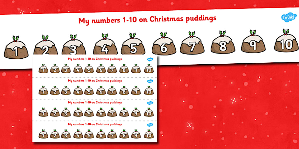 1-10 on Christmas Puddings Number Strips (teacher made)
