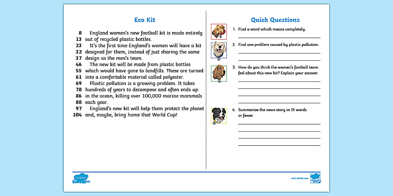 LKS2 Recycled Football Kit Daily News 60-Second Read Activity Cards