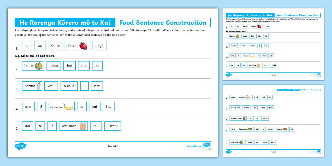Learn Te Reo Māori - Food Unscramble Sentences Year 5-6