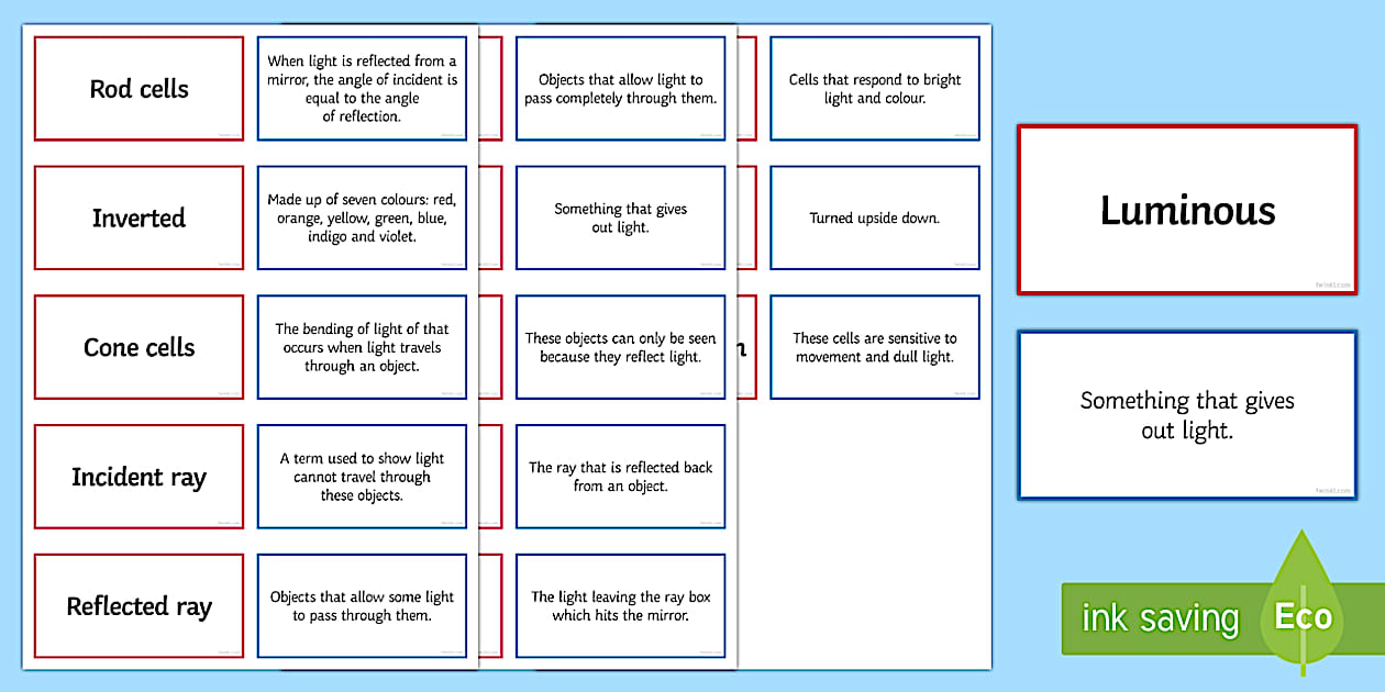 Light, Pairs Glossary Activity (teacher made) - Twinkl