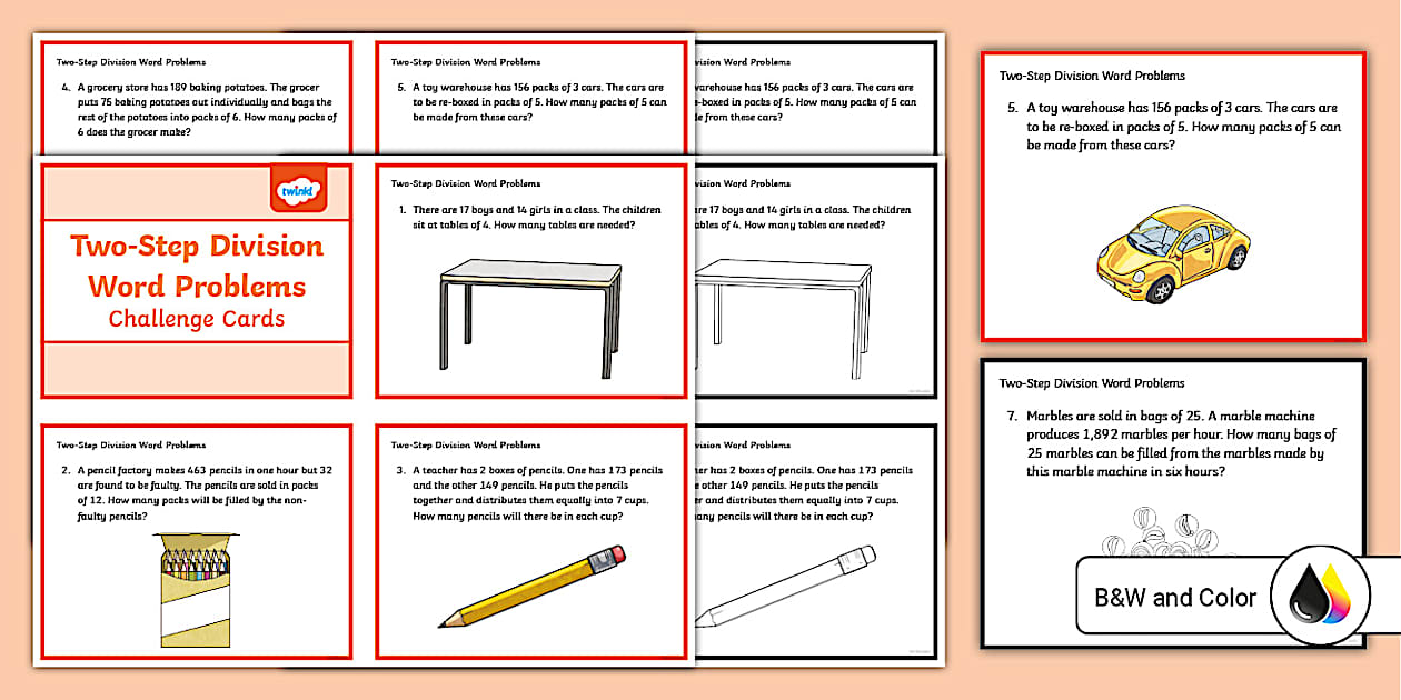 Two-Step Division Word Problem Math Challenge Cards - Twinkl