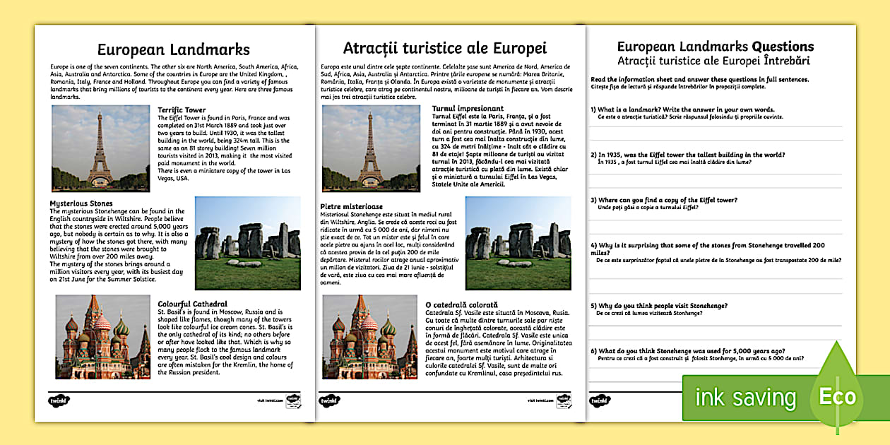 Europe Landmarks Reading Comprehension Activity English/Romanian - Europe