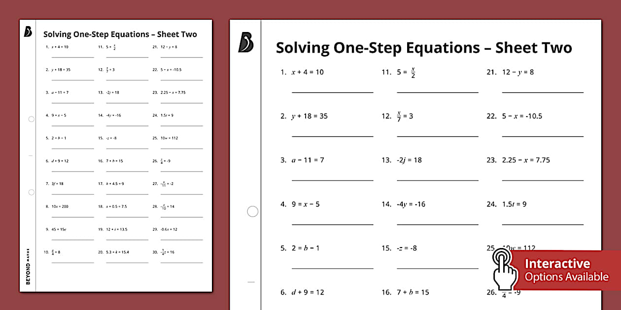 👉 Solving One Step Equations Sheet Two (teacher made)