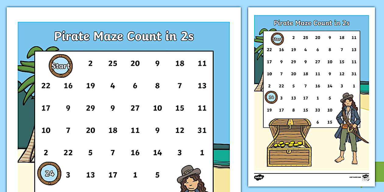 Pirate Themed Counting in 2s Maze Worksheet / Worksheet - - Pirate Themed