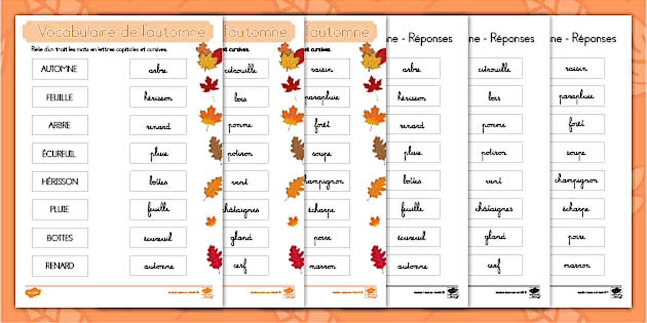 Relie les mots en lettres capitales et cursives sur l'automne