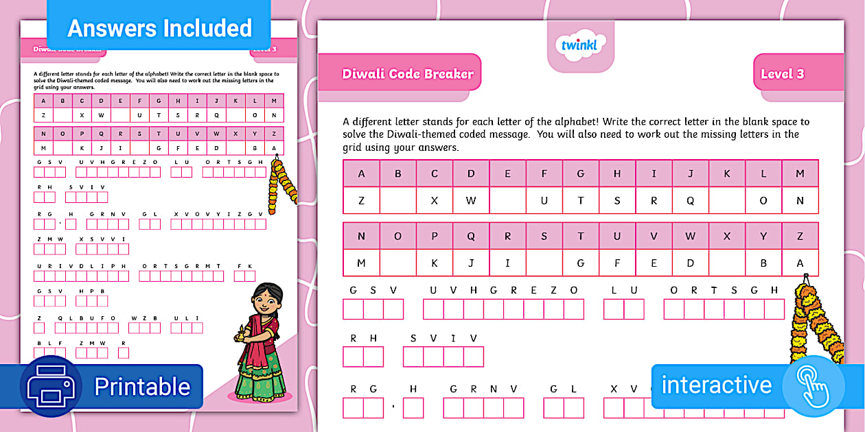 Diwali Secret Code Breaker - Level 3 - Twinkl - Puzzles