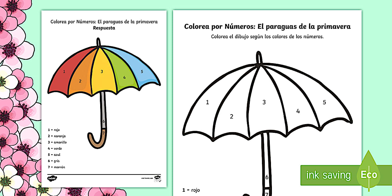 Spring Umbrella Colour by Number Spanish