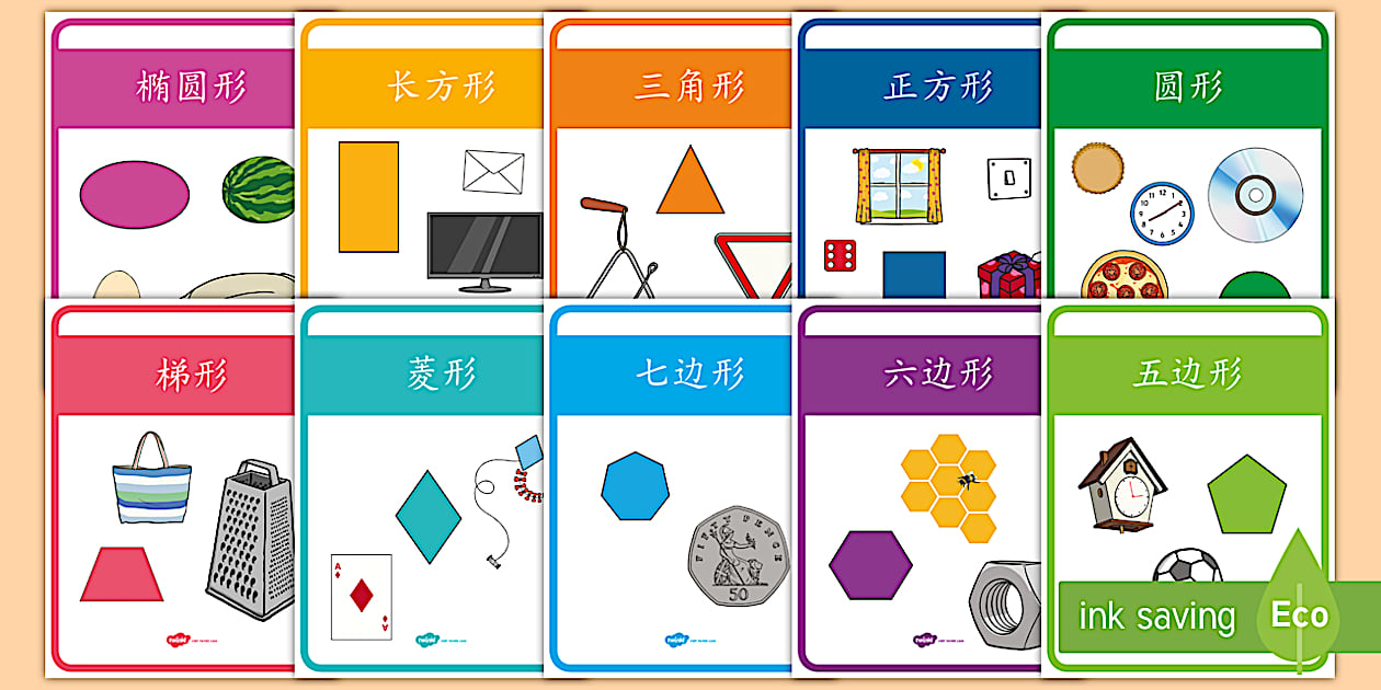Real Life Examples of 2D Shapes Posters - 圆形，正方形，长方形，三角形，椭圆形，五边形，六边形，七边形，八边