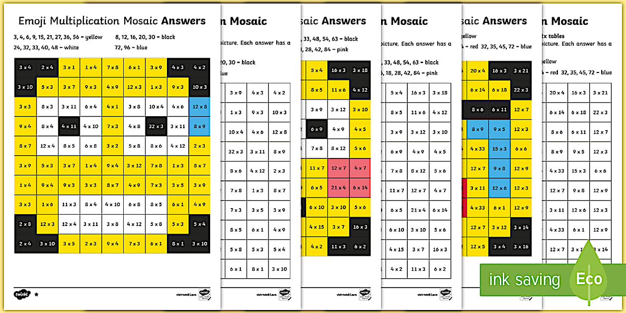 Editable LKS2 Emoji Multiplication Mosaic Differentiated Worksheets