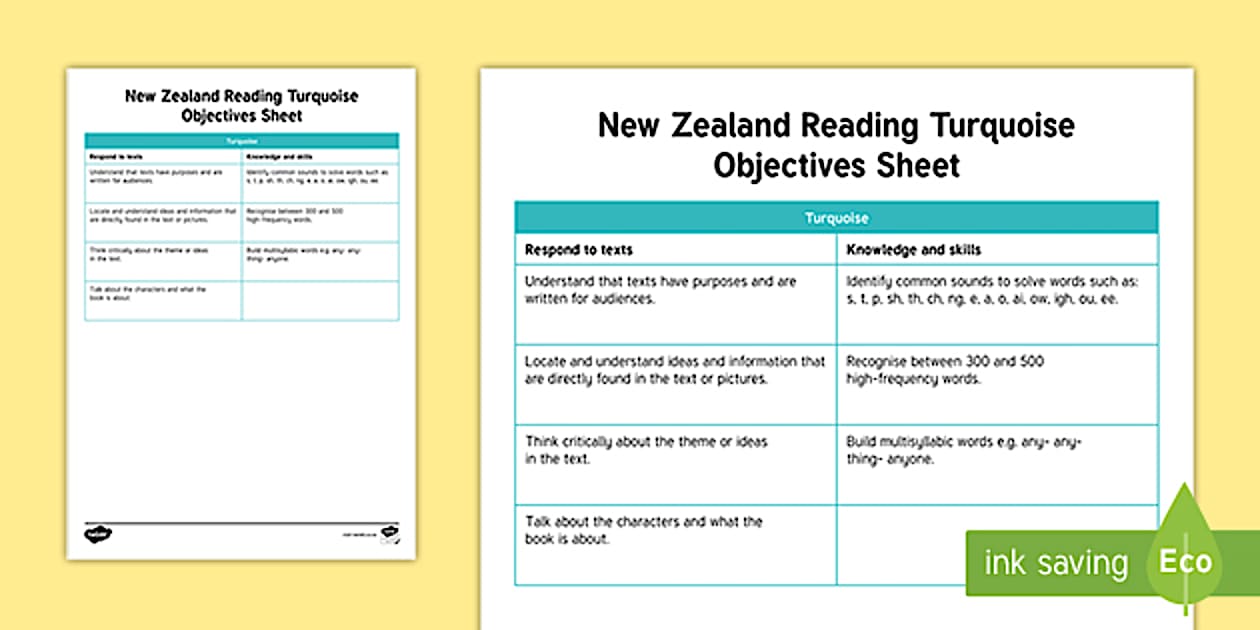 New Zealand Reading Turquoise Objectives Sheet Adult Guidance