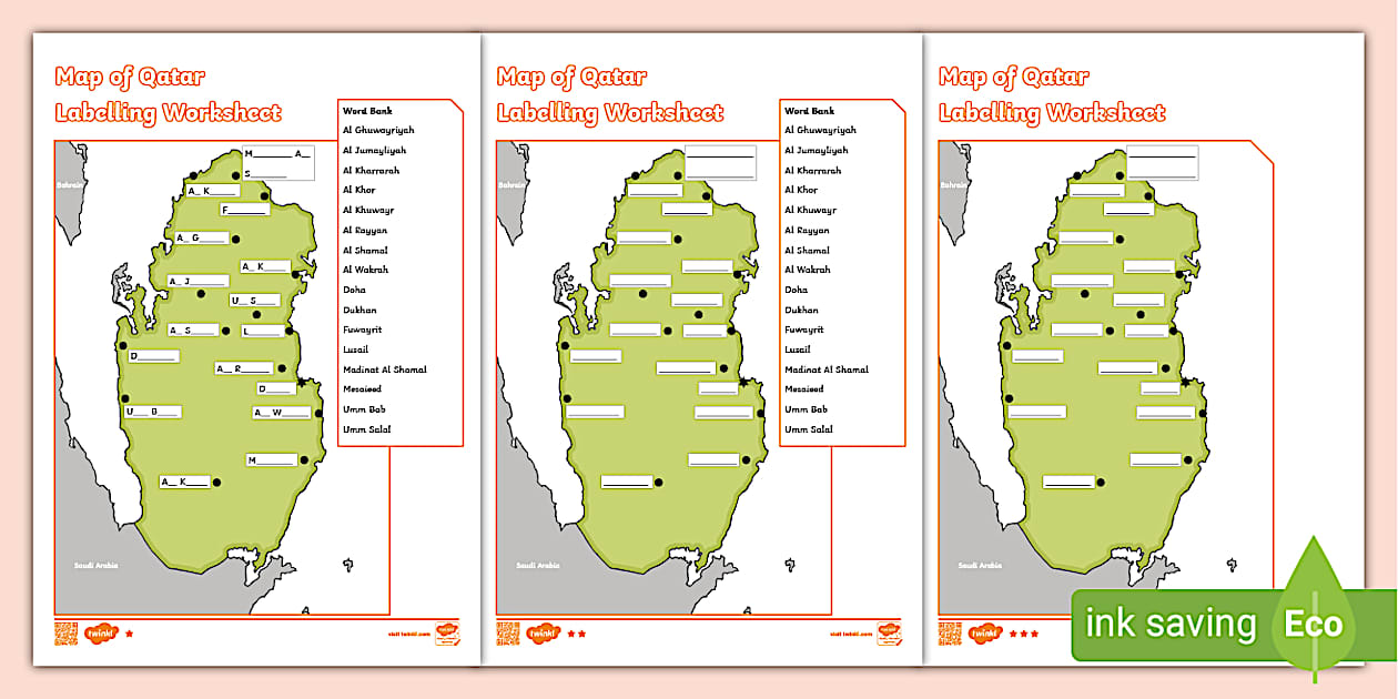 Map of Qatar Labelling Worksheet (teacher made) - Twinkl
