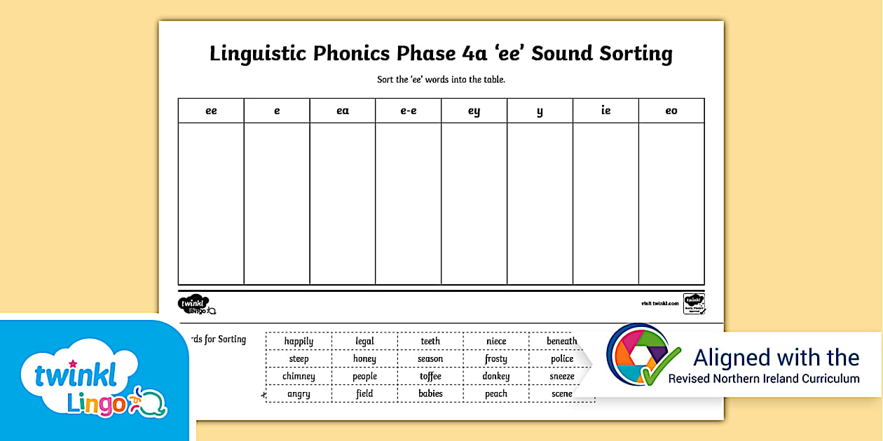 NI Linguistic Phonics Phase 4a 'ee' Sound Sorting Worksheet