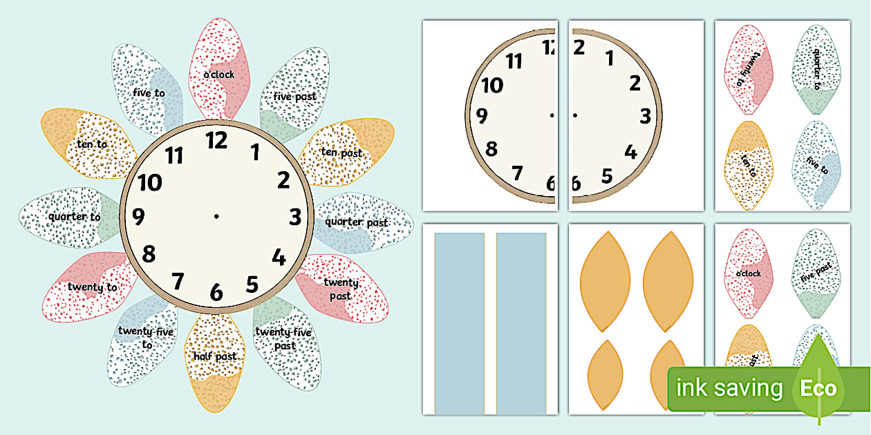 👉 Speckled Pastel-Themed Analogue Clock Flower Labels Cut-Outs