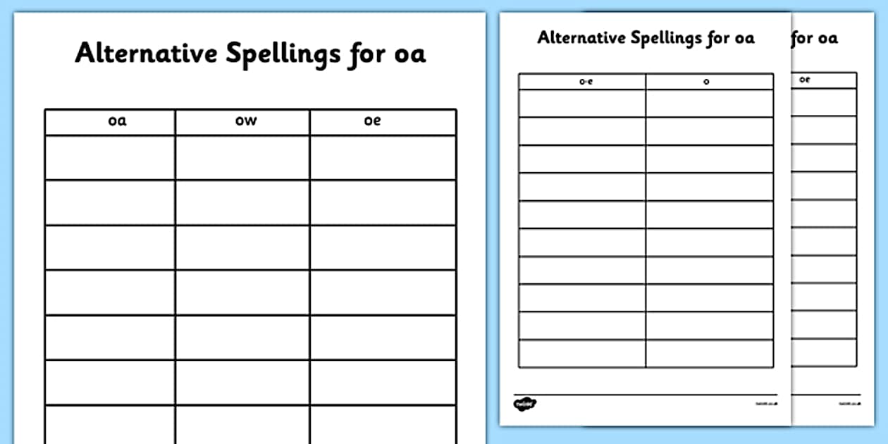 Alternative Spellings for oa Table Worksheets - Twinkl