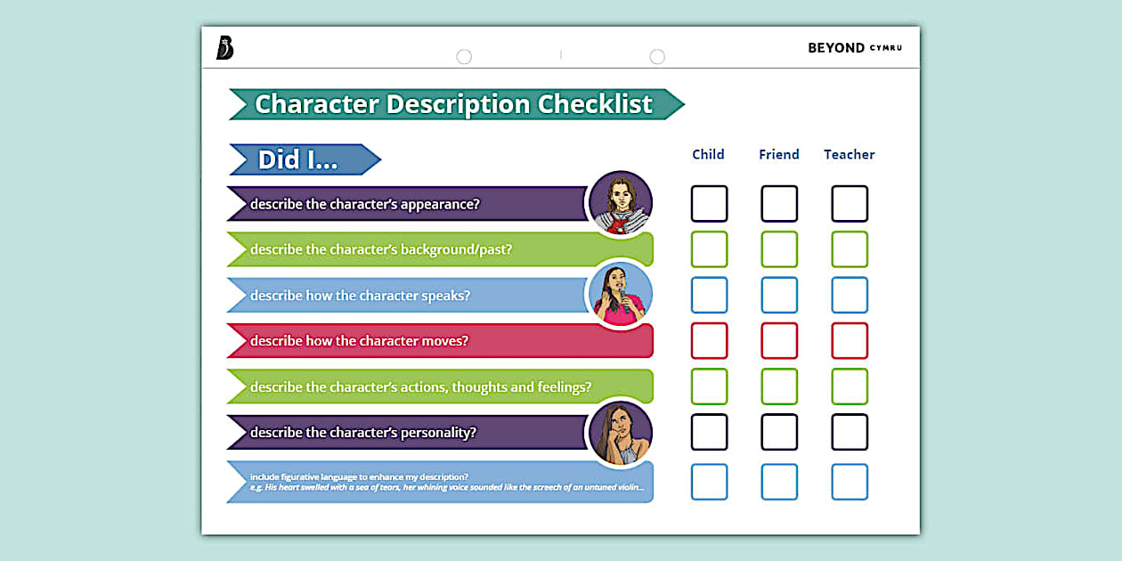 Character Description Checklist (teacher made) - Twinkl