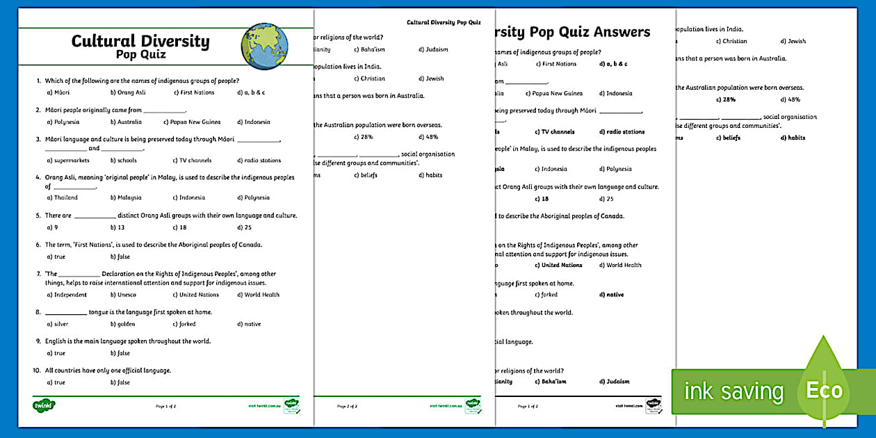 Cultural Diversity Mulitple Choice Pop Quiz - Twinkl