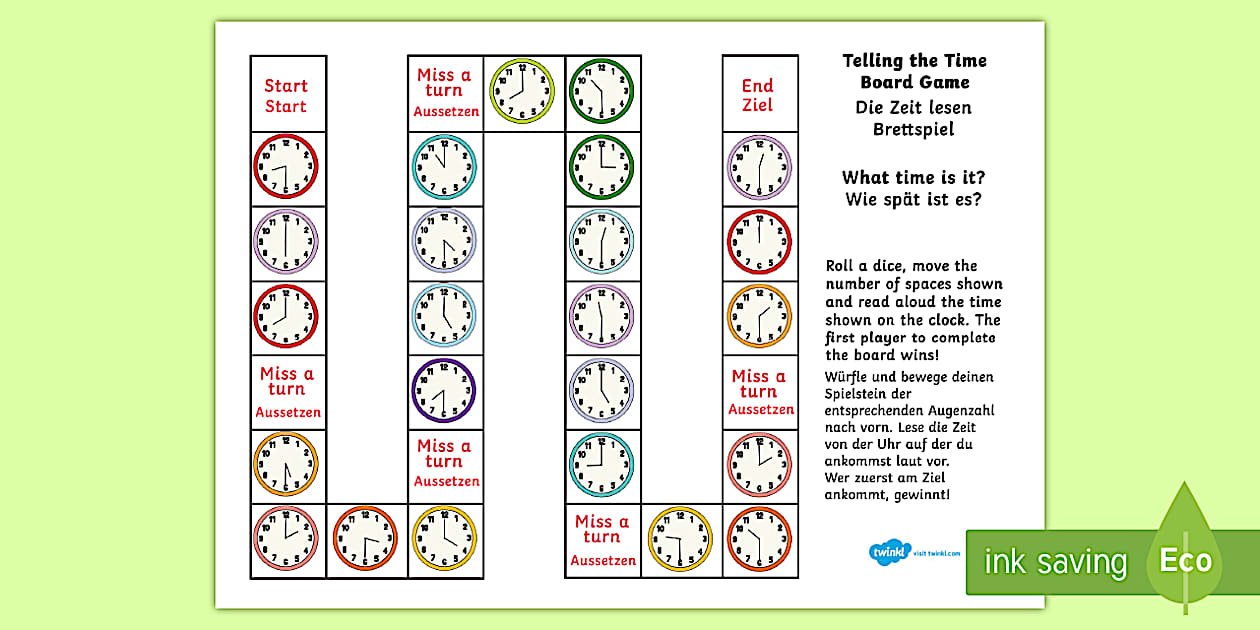 Telling the Time Board Game English/German (Lehrer gemacht)