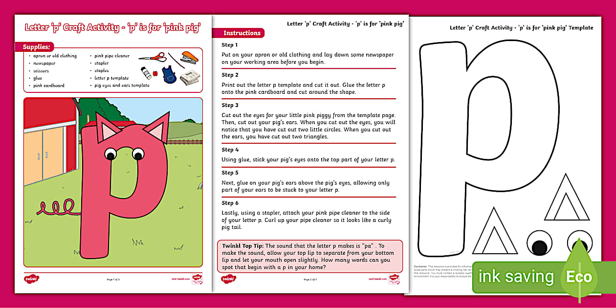 Letter 'p' Craft - 'p' is for 'pink pig' (teacher made)