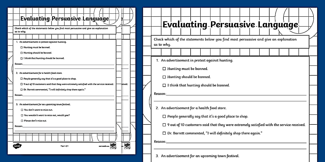 Evaluating Persuasive Language Worksheet for 6th-8th Grade