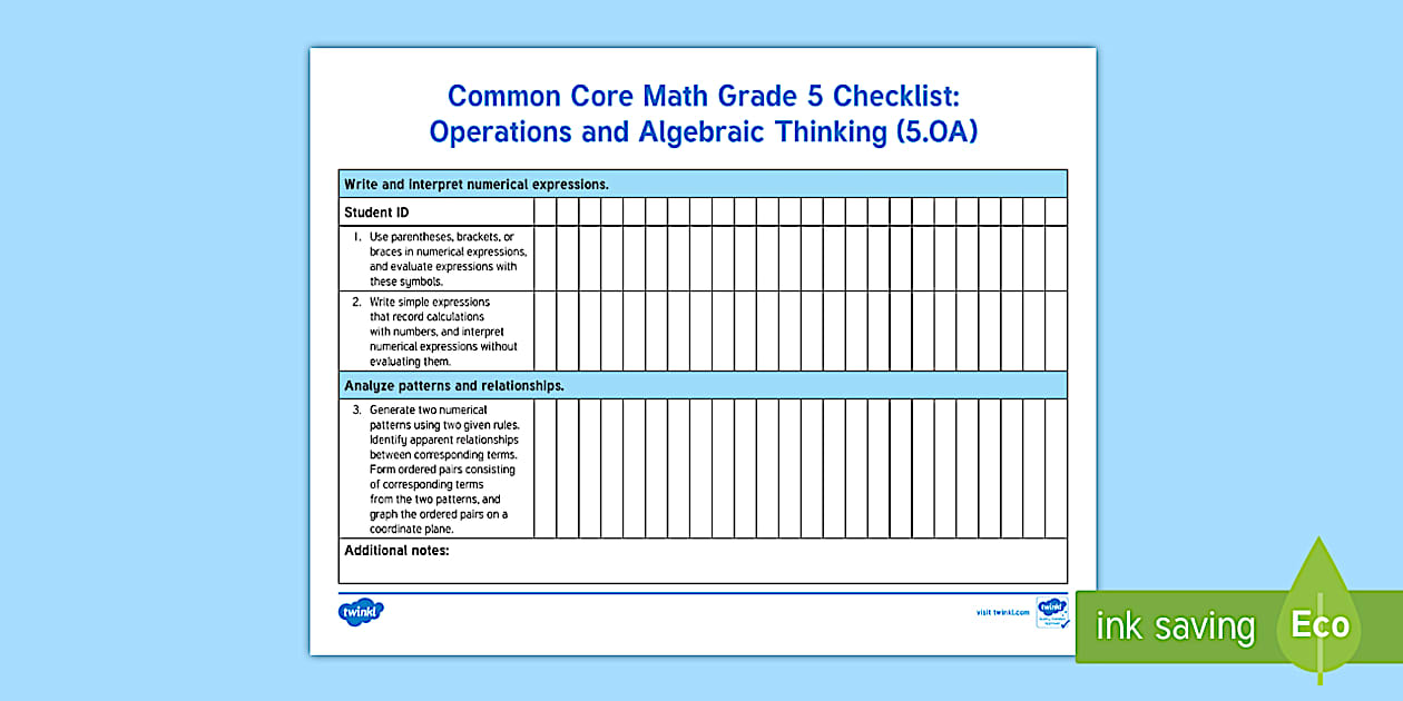 Common Core Math Fifth Grade Standards Student Checklist