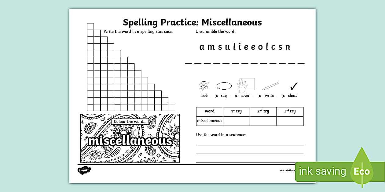 Miscellaneous Spelling Practice Worksheet (professor feito)
