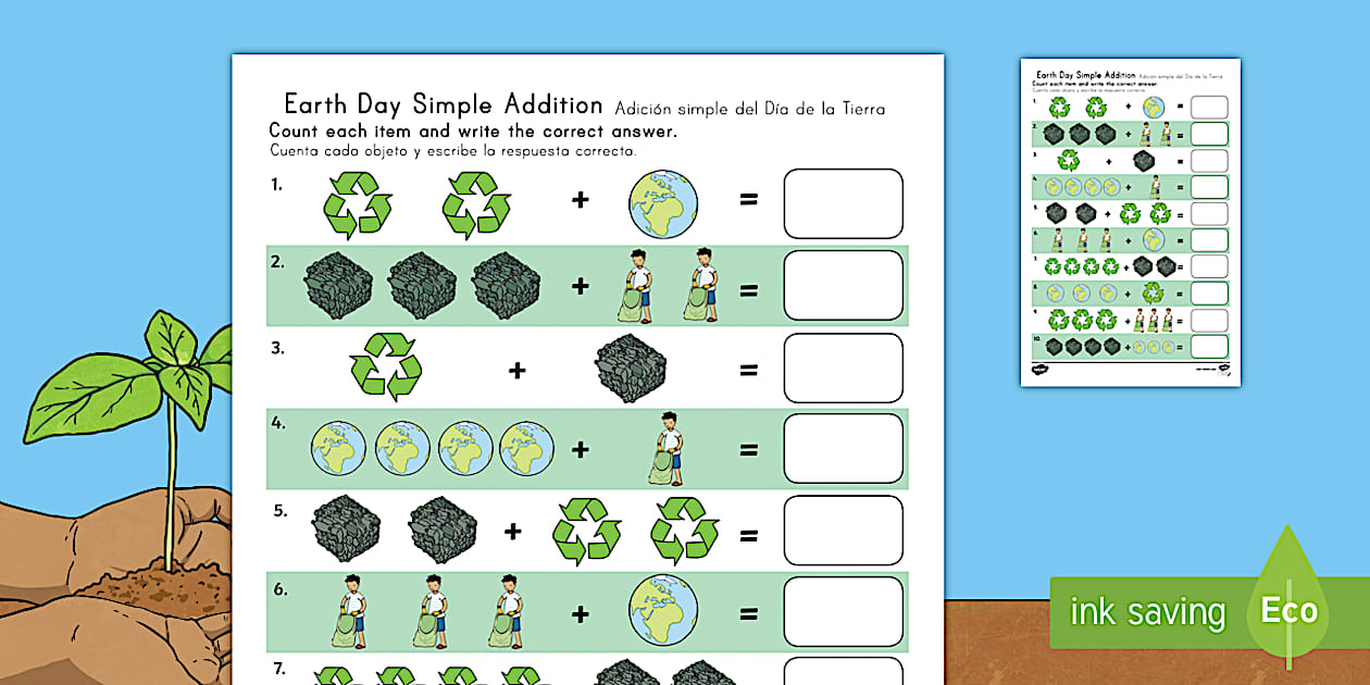 Earth Day Simple Addition Worksheet / Worksheet English/Spanish