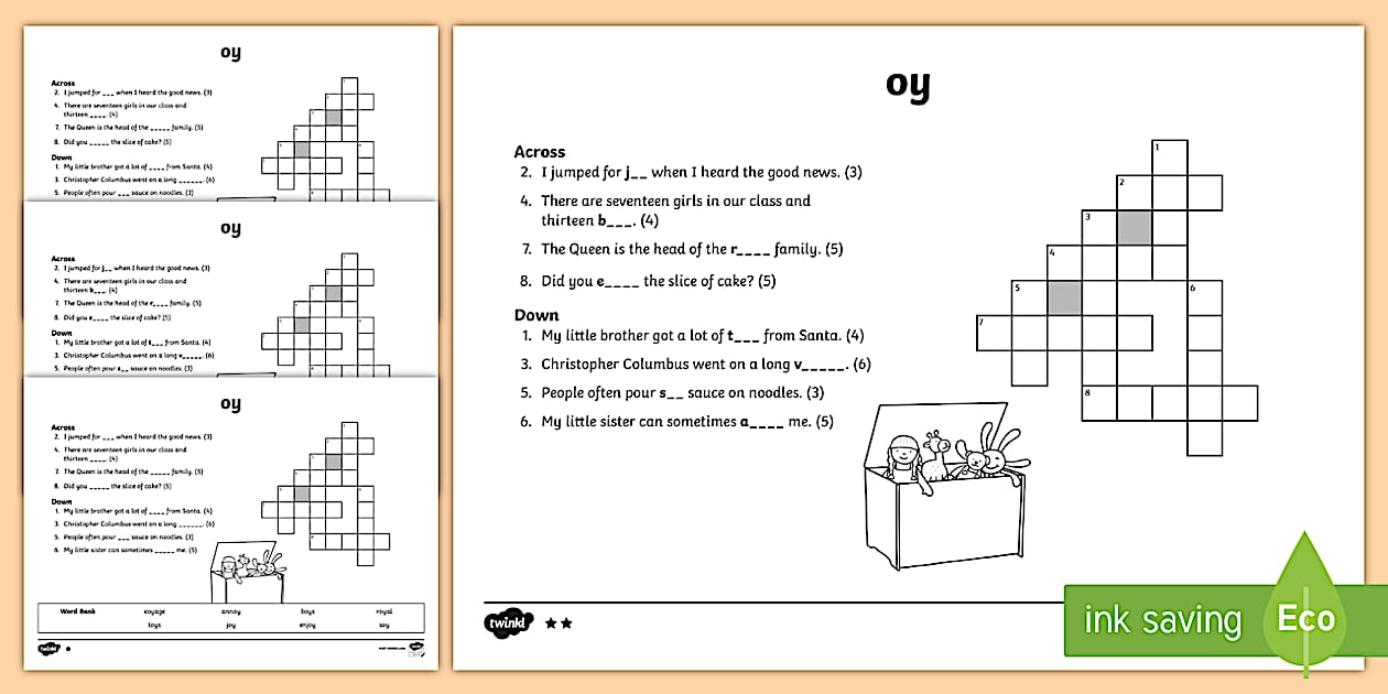 'oy' Digraph Differentiated Crossword (teacher made)