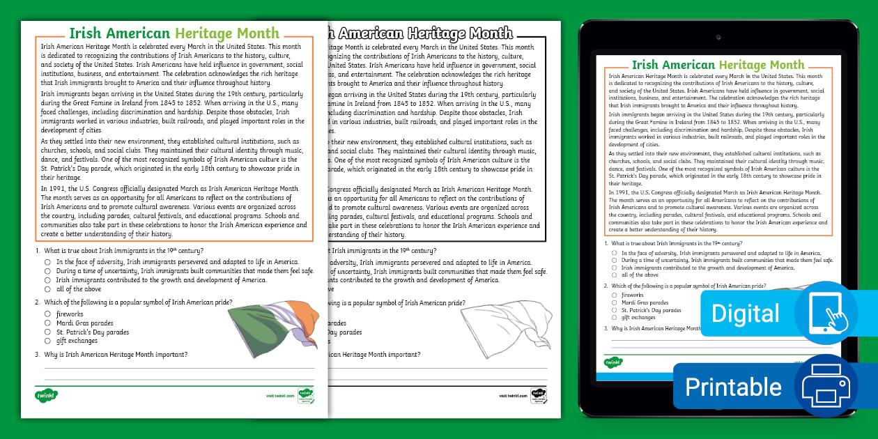Eighth Irish American Heritage Reading Passage Comprehension