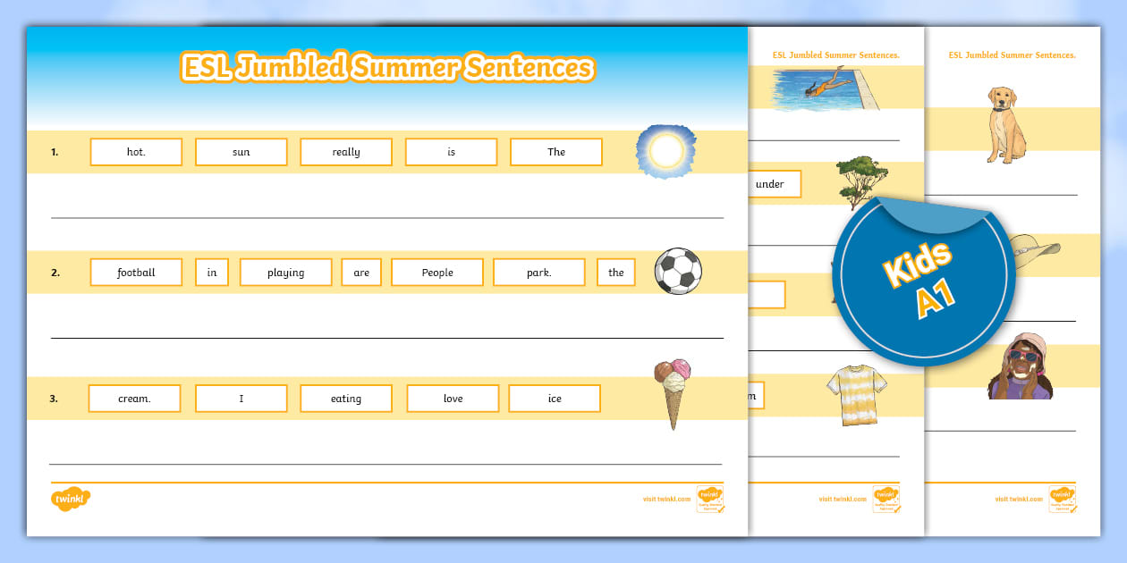 ESL Summer Jumbled Sentences [Kids, A1] - Twinkl