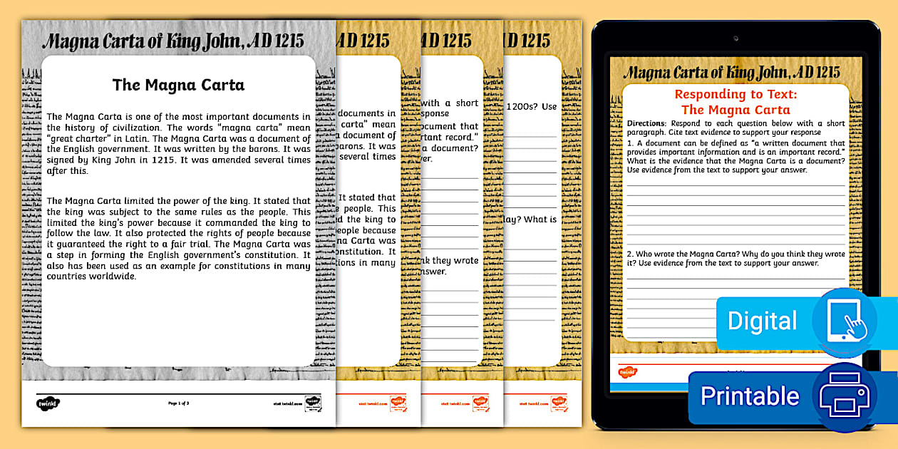 Reading/Writing Responding to Text Worksheet: The Magna Carta