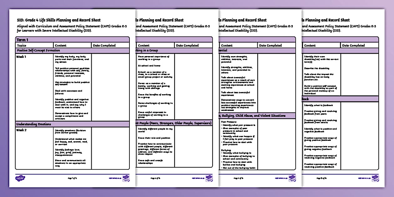 SID: Grade 4 Life Skills Planning and Record Sheet - Twinkl