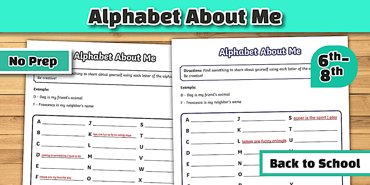 Alphabet About Me Worksheet for 6th-8th Grade
