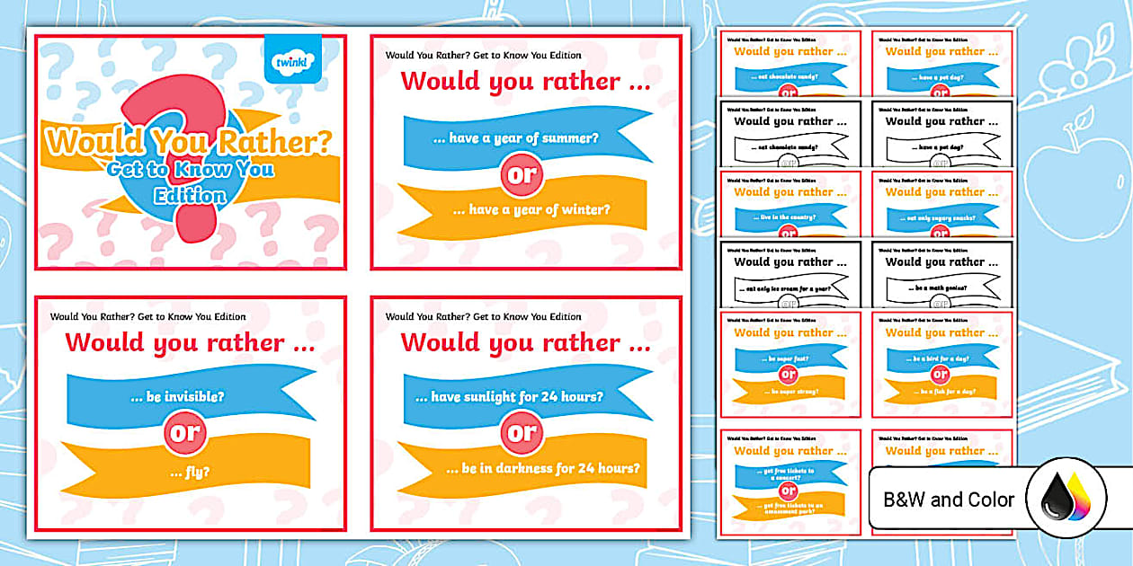 7th Gr. Would You Rather Question Cards … Get to Know You