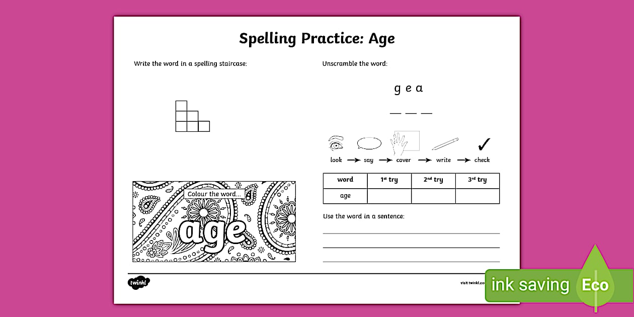 Age Spelling Practice Worksheet (teacher made) - Twinkl
