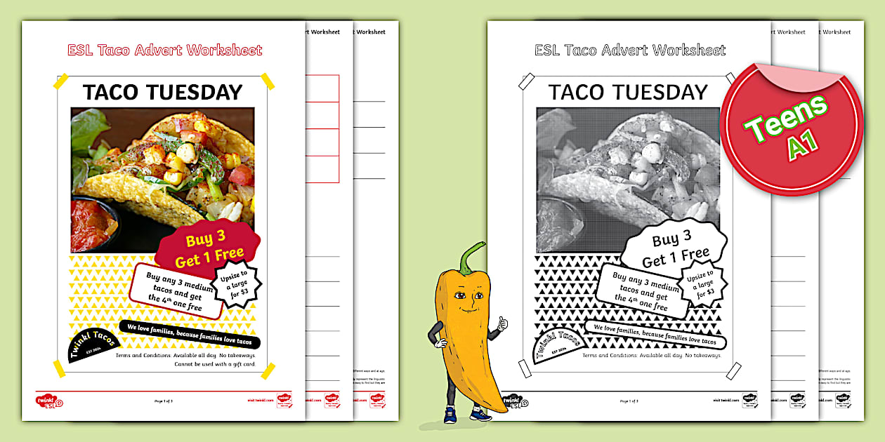 ESL Taco Advert Worksheet [Teens, A1] (teacher made)