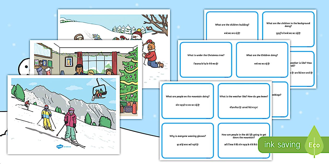 Winter Scenes and Question Cards English/Hindi - Twinkl