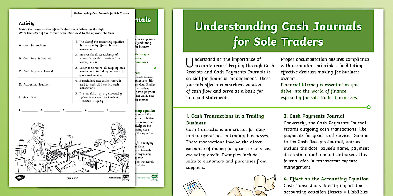 Understanding Cash Journals for Sole Traders (teacher made)