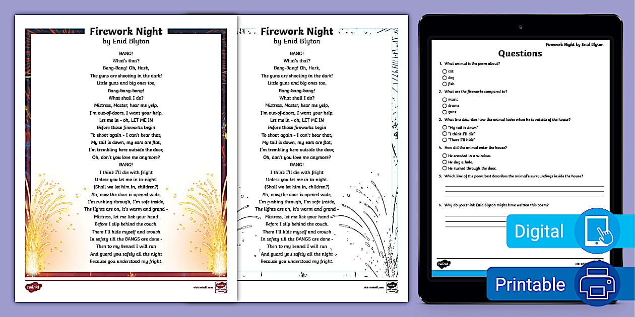 Fourth Grade Firework Night Poem Reading Comprehension