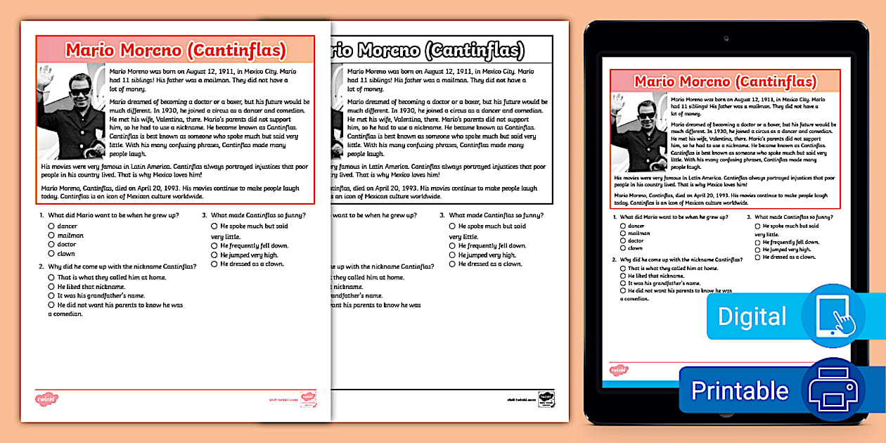 Third Grade Mario Moreno, Cantinflas Reading Comprehension Passage