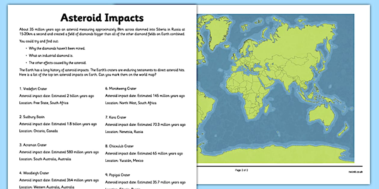 Editable Asteroid Impacts Map Worksheet Pack (teacher made)