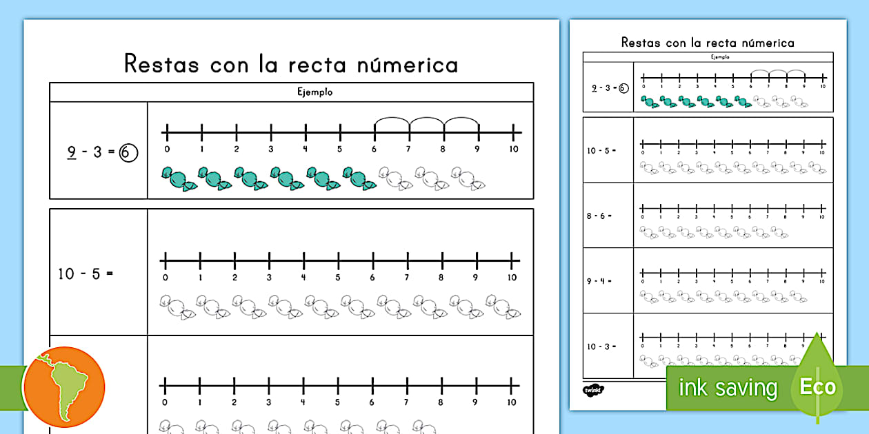 Ficha de actividad: Restas con la recta númerica - Restas, rectas, líneas