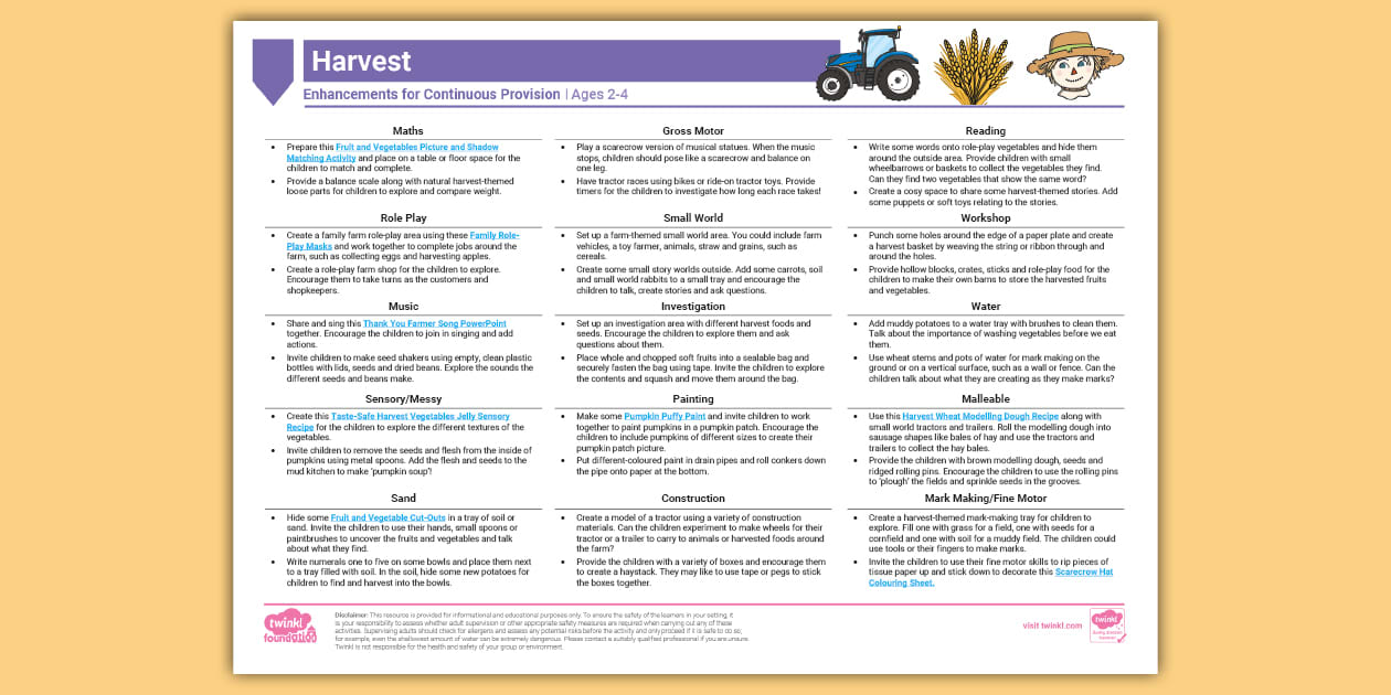 Eyfs Harvest Continuous Provision Planning Ideas Ages 2 4
