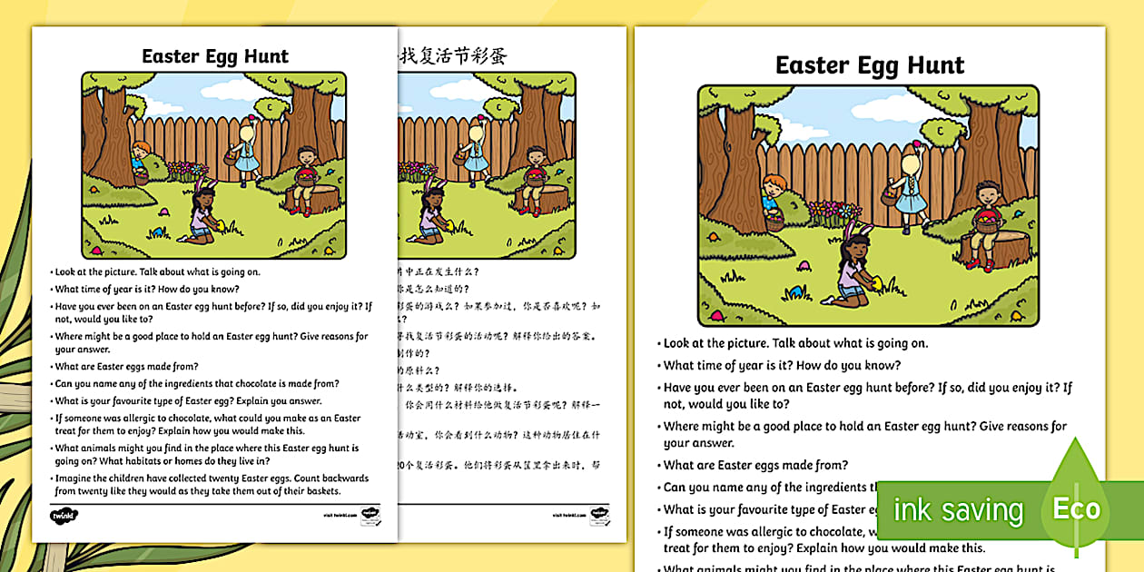 Easter Egg Hunt Oral Language Worksheet - English/Mandarin Chinese