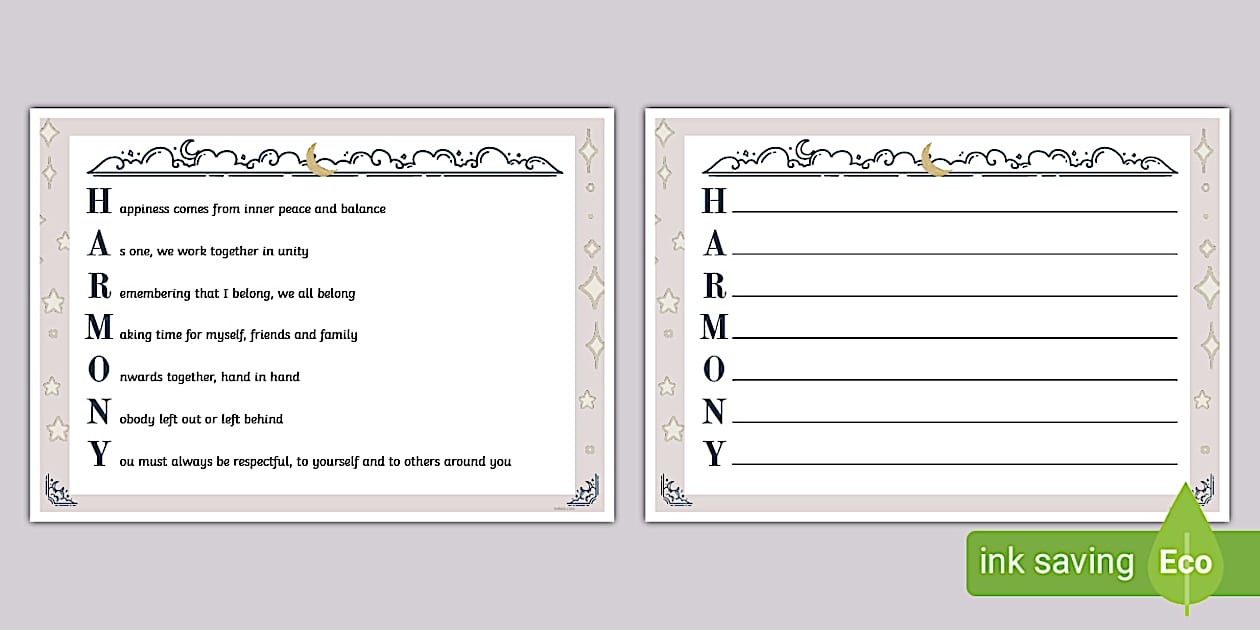 Harmony Acrostic Poem Example (Teacher-Made) - Twinkl