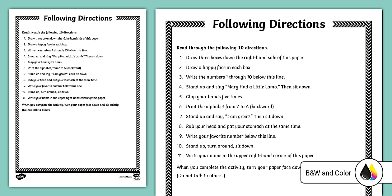 Following Directions Quiz for 6th-8th Grade