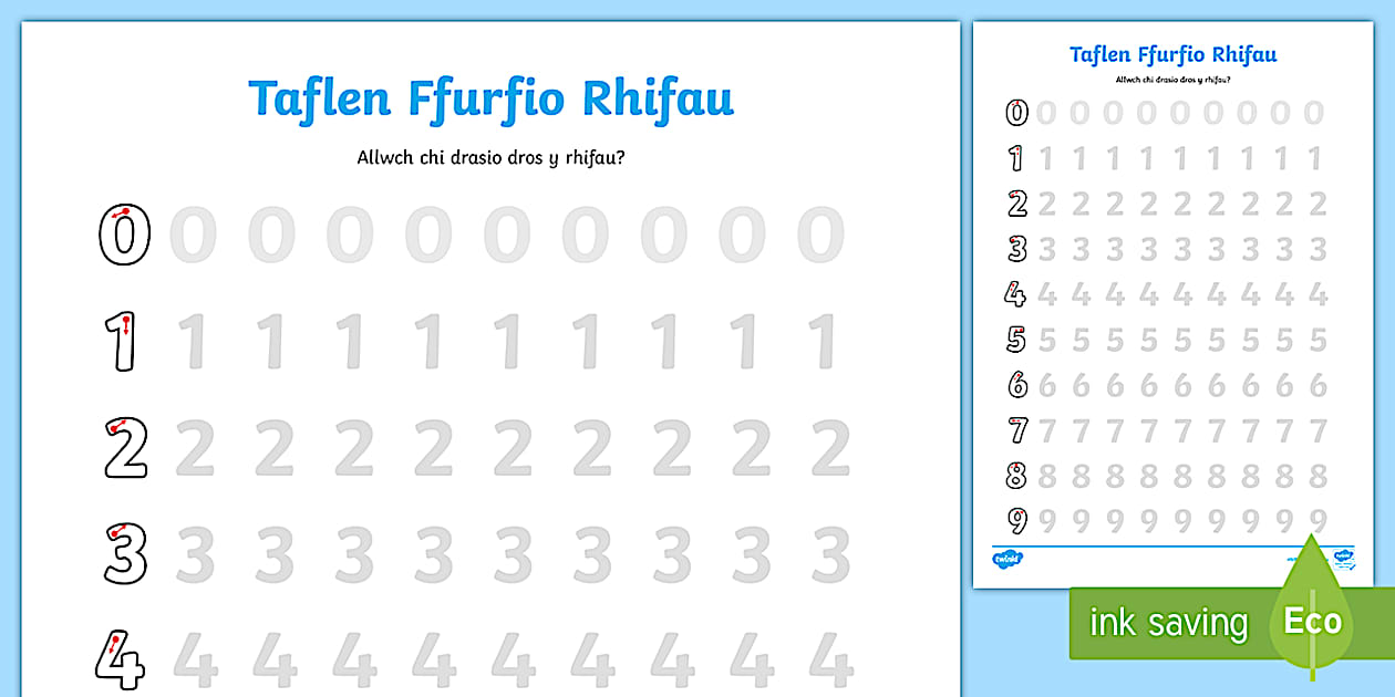Taflen Rhifedd Ffurfio Rhifau 0 - 9 | Twinkl (teacher made)