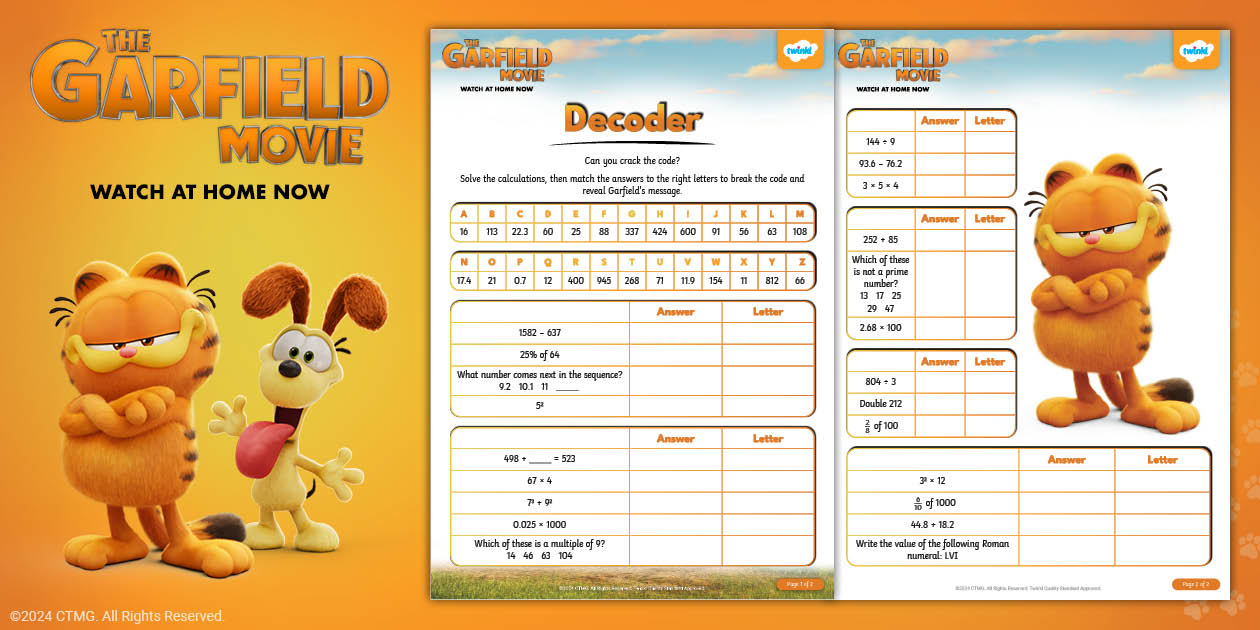 FREE! - 👉 Garfield: Maths Decoder Activity Sheet [Ages 9-11]