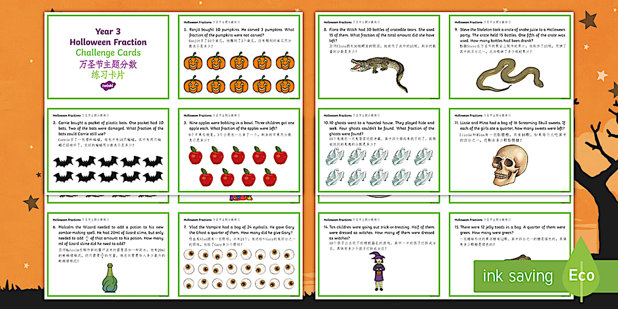 Year 3 Halloween Fractions Challenge Cards English/Mandarin Chinese