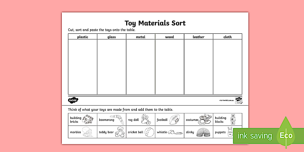 Toy Materials Sort Worksheet (teacher made) - Twinkl